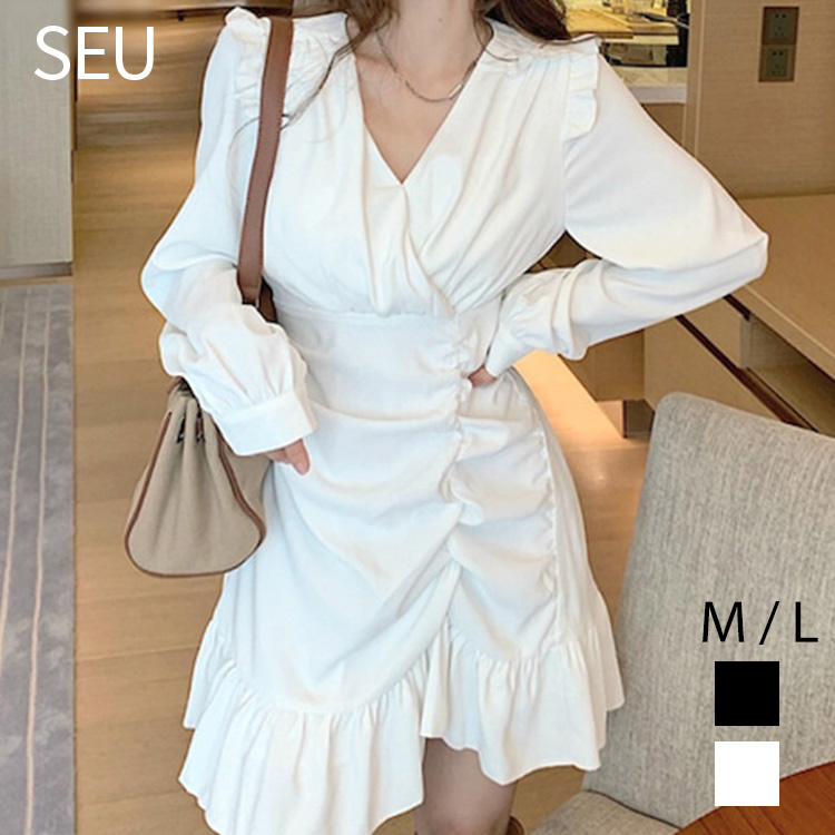 Vネックフリルミニワンピース 長袖 シャーリングワンピース[品番：DSSW0004165]｜SEU（エスイイユウ）のレディースファッション通販 ...